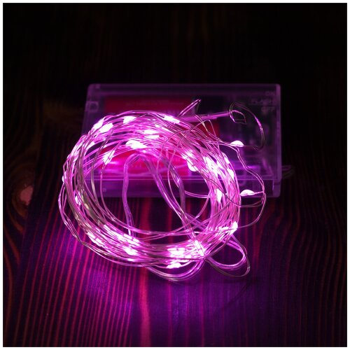 Новогодняя гирлянда светодиодная линейная, 40 LED, розовая, нитка/ леска/ роса, 2 режима, 4 метра, 3*АА