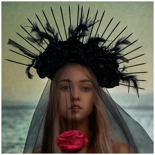 Черный ободок для волос женский Готический ободок Хэллоуин корона Ободок для фотосессии Корона с черными цветами розами и перьями для маскарада