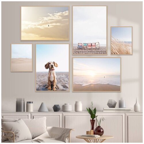 6 картин постеров без рамки на стену "Собака на пляже" декор для интерьера, Набор картин в подарочном тубусе