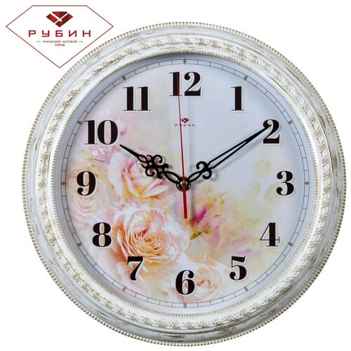 Часы настенные круглые Рубин Акварельные розы для кухни спальни с плавным ходом арабскими цифрами циферблат диаметр 28.5 см