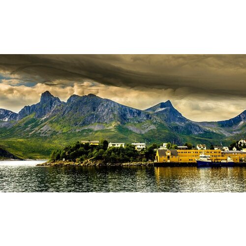 Картина на холсте 60x110 LinxOne "Норвегия дома залив" интерьерная для дома / на стену / на кухню / с подрамником