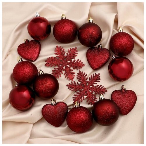 Набор украшений пластик 30 шт "Амур" (16 шаров, 6 сердец, 8 снежинок) красный