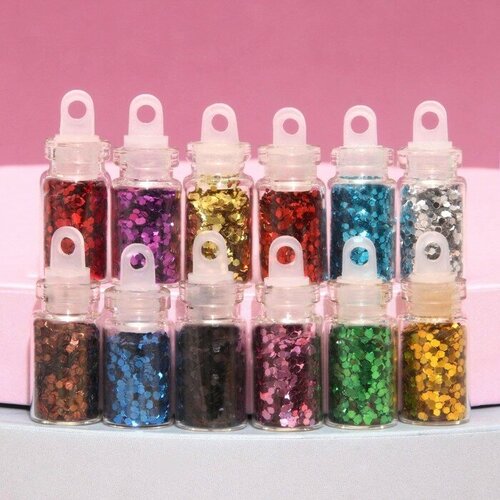 Блёстки для декора «Сияние», набор 12 бутылочек, крупные, разноцветные