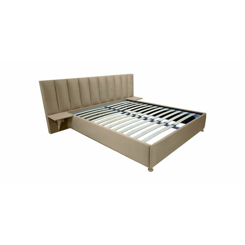 Двуспальная кровать Сидней 180x200 основание металлическое с ламелями велюр бежевый ножки 13 см хром