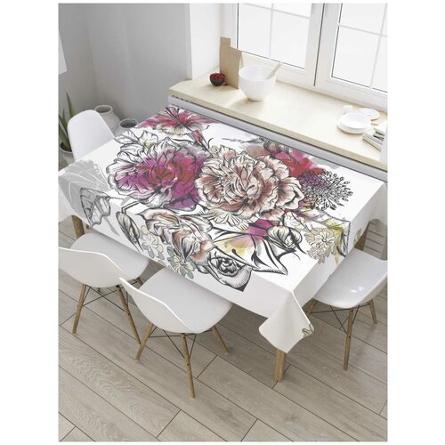 Скатерть прямоугольная JoyArty на кухонный стол "Акварельные мазки на букете" из оксфорда, 180x145 см