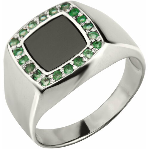 Кольцо CORDE Серебряное кольцо с натуральными изумрудами и ониксом, серебро, 925 проба, родирование, зеленый