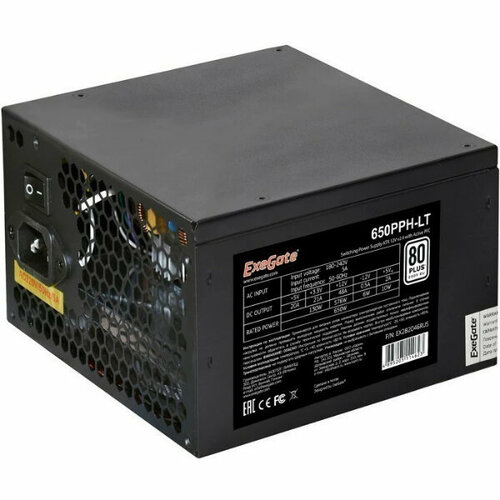 Блок питания 650W ExeGate 80 PLUS® 650PPH-LT-S-OEM (ATX, APFC, КПД 82% (80 PLUS)SC, 12cm fan, 24pin, (4+4)pin, PCIe, 5xSATA, 3xIDE, black, кабель 220V