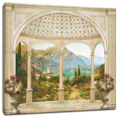 Картина Уютная стена "Терраса с цветами выходящая к горному озеру" 70х60 см