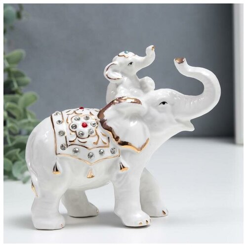 Сувенир керамика "Белый слон со слонёнком" стразы, с золотом 12х13,5х6,5 см