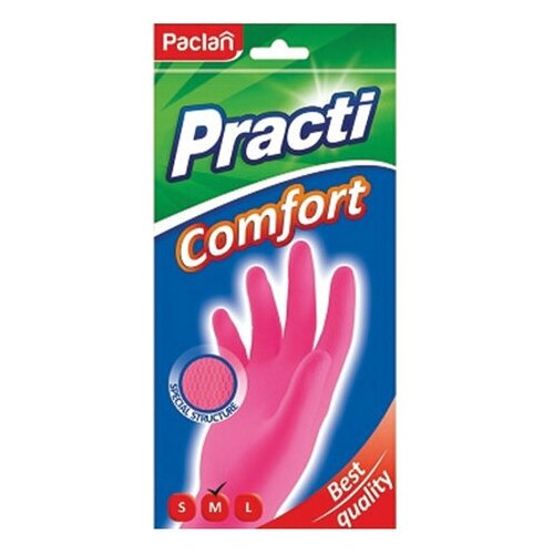 PACLAN Перчатки хозяйственные латексные, хлопчатобумажное напыление, размер m (средний), розовые, paclan practi comfort , 407271, 5 шт.