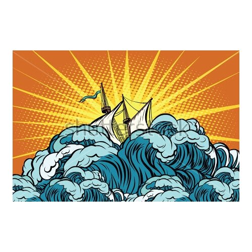 Постер на холсте Яркая иллюстрация с парусным кораблём в бурном море на фоне ярких лучей солнца 75см. x 50см.