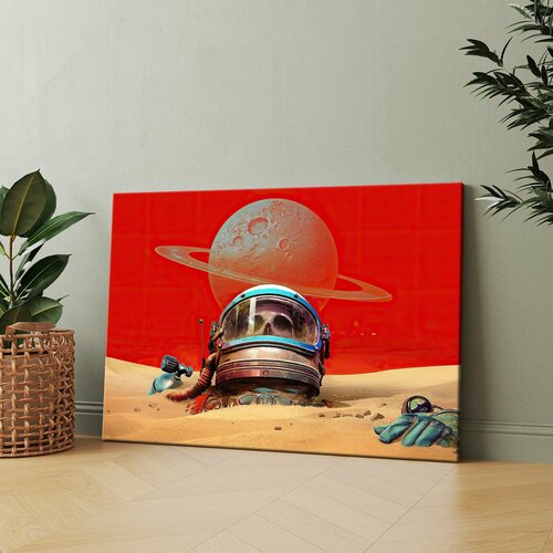 Картина на холсте (Скафандр и шлем сидят на песке) 20x30 см. Интерьерная, на стену.