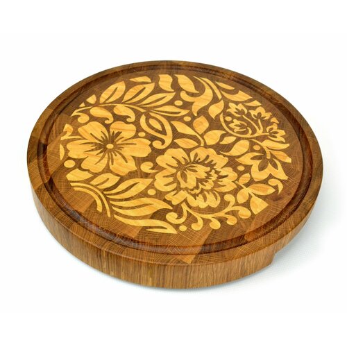 Разделочная доска Wooden Plate "Цветы", доска для подачи, дуб/кото, 29 см