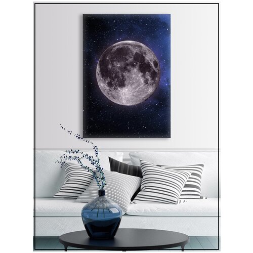 Картина для интерьера на натуральном хлопковом холсте "Луна в космосе", 30*40см, холст на подрамнике, картина в подарок для дома