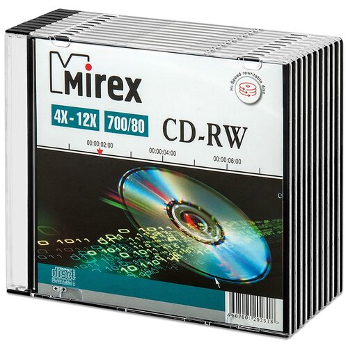 Перезаписываемый диск CD-RW Mirex 700Mb 12x slim box, упаковка 10 шт.
