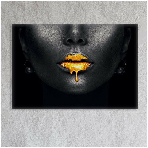 Интерьерная картина "Золотые губы" на натуральном хлопковом холсте, большая, для интерьера, на стену, на подрамнике, размер 60 на 90/60х90 см