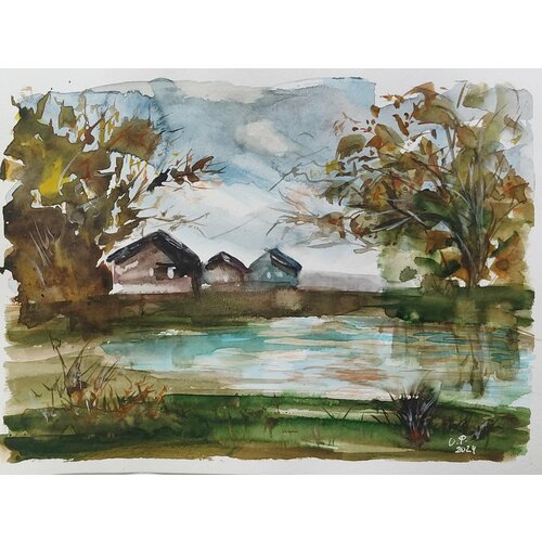 Картина акварелью "Домики у озера" , ручная работа, размер А4