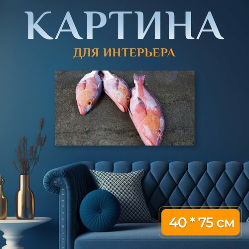 Картина на холсте "Рыбы, рынок, сырой" на подрамнике 75х40 см. для интерьера