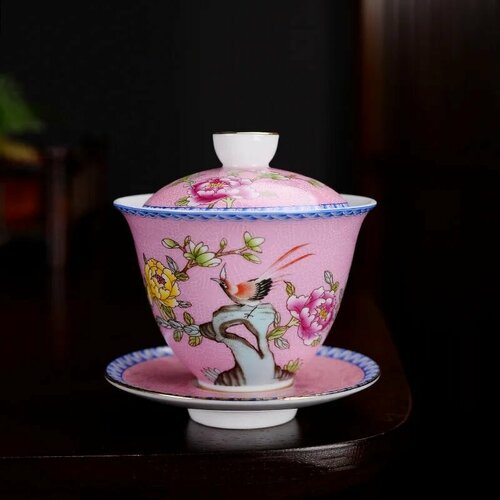 Традиционная Китайская Гайвань "Пение Птиц И Аромат Цветов" 170мл, Фарфоровая Для Чайной Церемонии
