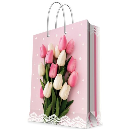 Пакет подарочный, Тюльпаны, Розовый, 23*18*10 см, 1 шт.