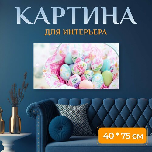 Картина на холсте "Пасхальный, корзина, яйца" на подрамнике 75х40 см. для интерьера