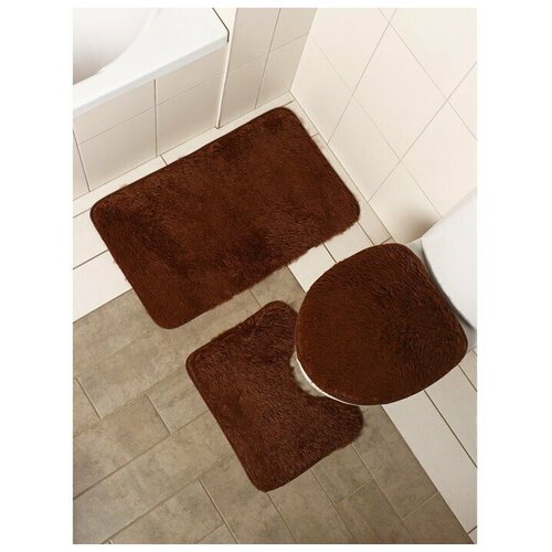 Доляна Набор ковриков для ванной и туалета Доляна «Пушистик», 3 шт, 32×40, 40×50, 50×80 см, цвет коричневый