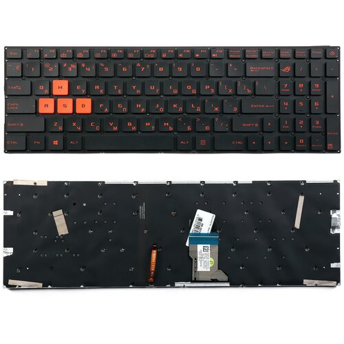 Клавиатура для ноутбука Asus FX502, FX502V, FX502VM, FX502VD черная, кнопки оранжевые, подсветка красная