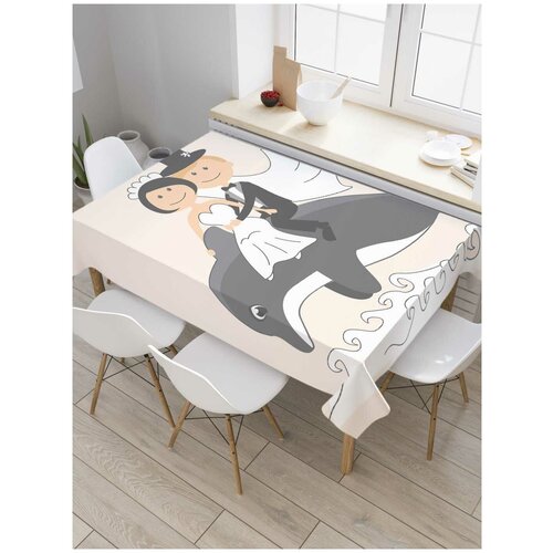 Скатерть прямоугольная JoyArty на кухонный стол "Молодожены на дельфине" из оксфорда, 180x145 см