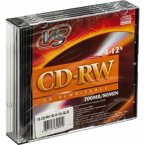 Носители информации CD-RW, 4x-12x, VS, Slim/5, VSCDRWSL501