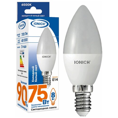 Лампа светодиодная IONICH ILED-SMD2835-C37-8W-720-220-6500K-E14