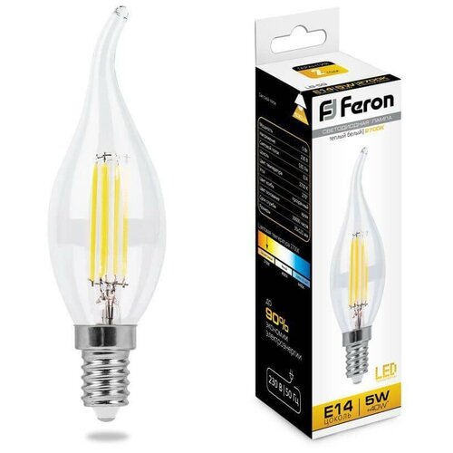 Feron (10 шт.) Лампа светодиодная филаментная Feron E14 5W 2700K Свеча на ветру Прозрачная LB-59 25575