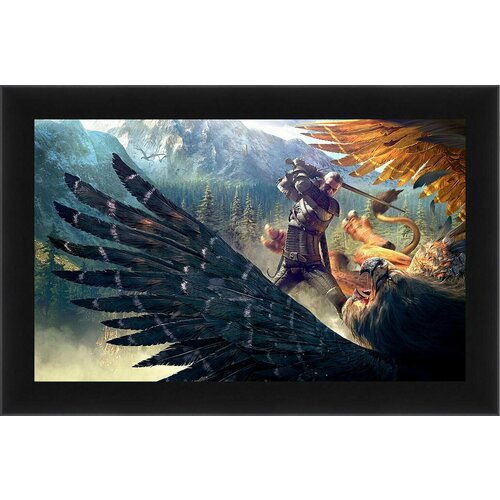 Плакат, постер на бумаге The Witcher 3: Wild Hunt (Ведьмак), Геральт и грифон. Размер 60 х 84 см