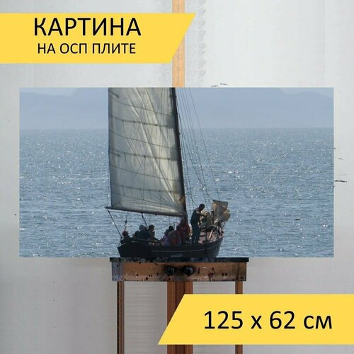 Картина на ОСП 125х62 см. "Лодка, парусная яхта, море" горизонтальная, для интерьера, с креплениями