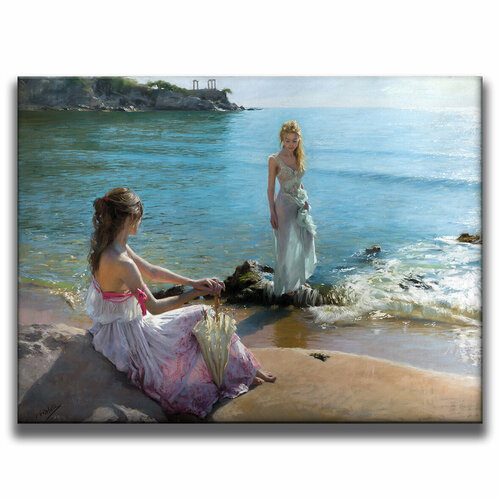 Картина для интерьера на холсте "Девушки и море" Висенте Ромеро Редондо 60х80, холст натянут на подрамник