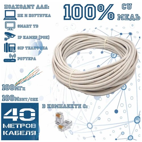 Внутренний интернет кабель (витая пара) полимет, для прокладки в помещениях, CU (чистая медь), UTP, PVC, 4 пары, Cat.5е, 24AWG, indoor, серый, 40 м