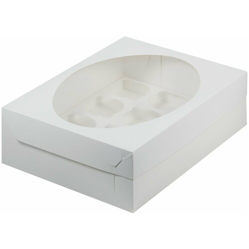 Белая коробка на 12 капкейков (зефира, торта, пирожных) с окном и ложементом 320*235*100