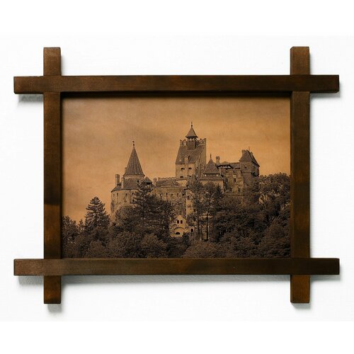 Картина Замок Бран, Румыния, гравировка на натуральной коже, интерьерная для украшения и декора на стену в деревянной раме, подарок, BoomGift