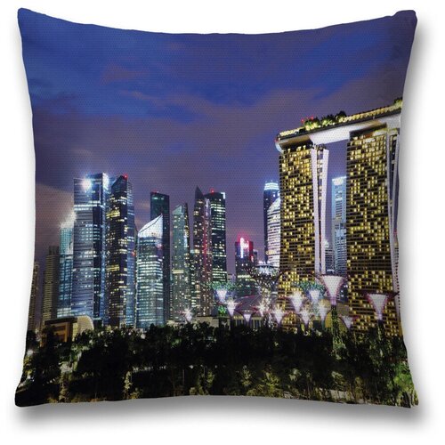 Наволочка декоративная на молнии, чехол на подушку JoyArty "Горизонт ночного Сингапура" 45х45 см