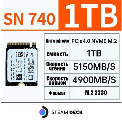 1ТБ SSD M.2 WD SN740 2230 PCIe 4.0 NVME для Steam Deck, Surface laptop