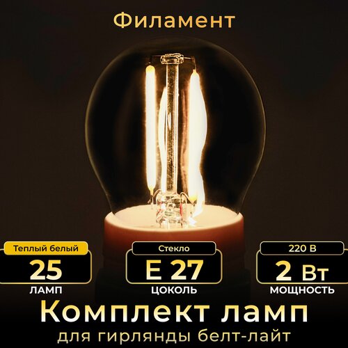 Набор ламп для Белт-Лайта, 25 шт, филамент, теплый белый, Е27, 2Вт, 45мм. Код: 029808