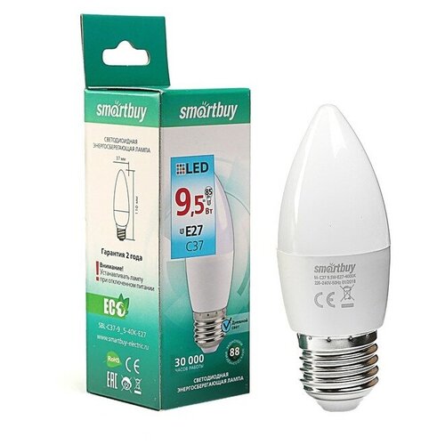 Лампа светодиодная Smartbuy, Е27, C37, 9.5 Вт, 4000 К, дневной белый свет./В упаковке шт: 1