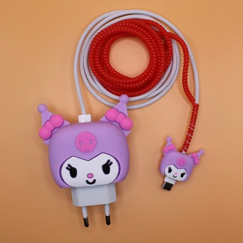 Комплект с обмоткой-спиралью для кабеля и защитный чехол для зарядки и защита кабеля от излома Kawaii Kuromi Каваи Куроми фиолетовая (красная)