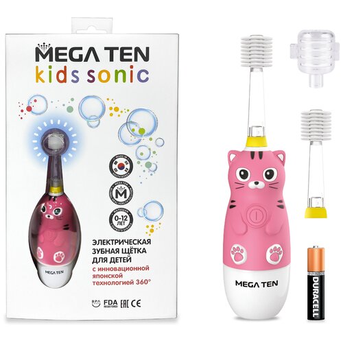  звуковая зубная щетка MEGA Ten Kids Sonic Котенок в наборе, розовый/белый