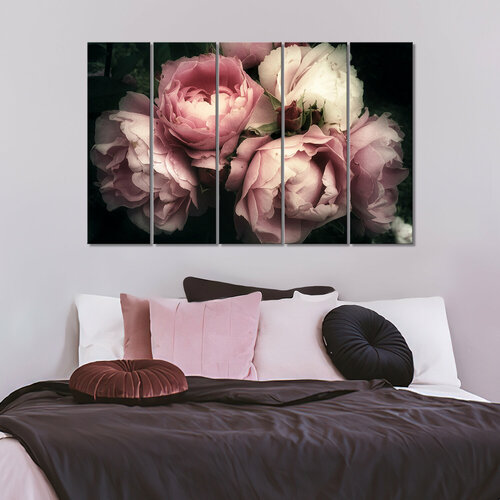Модульная картина/Модульная картина на холсте/Модульная картина в спальню/Модульная картина в подарок - Розовые пышные пионы на тёмном фоне 150х100