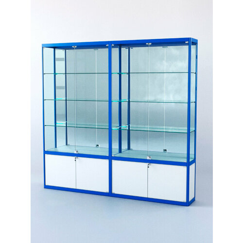 Витрина "прямоугольная" №2-2м-300-3 (задняя стенка - зеркало), Белый + Делфт голубой 200 x 30 x 200 см