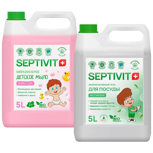 Набор Детское мыло для рук SEPTIVIT Premium + Средство для мытья посуды Септивит / Жидкое мыло для рук Bubble gum 5л / Средство для мытья посуды Без запаха 5л
