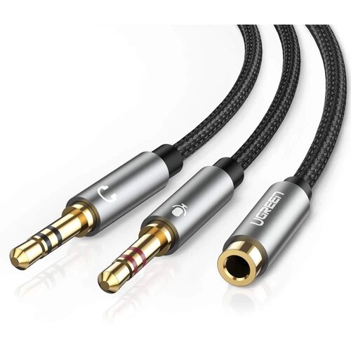 Кабель Ugreen AV140 Dual 3.5 mm Male to 3.5 mm Female Audio Cable (0,2 метра) чёрный (20899)
