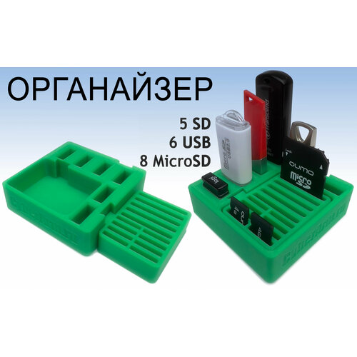 Органайзер для флеш-карт, USB, SD, microSD зеленый
