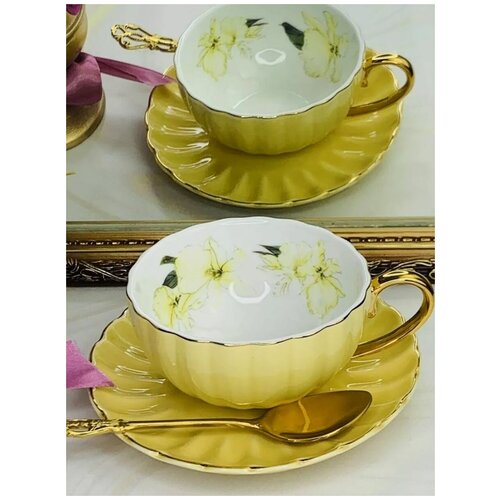 Чайный набор, чашка с блюдцем 250 мл. Lenardi. Коллекция "Английский чай", цвет "Желтый". 12 предметов на 6 персон. Фарфор. Подарочная упаковка.