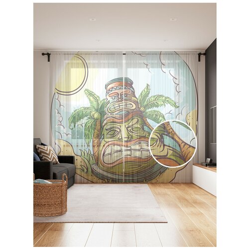 Тюль для кухни и спальни JoyArty "Злобная фигура", 2 полотна со шторной лентой шириной по 145 см, высота 265 см.